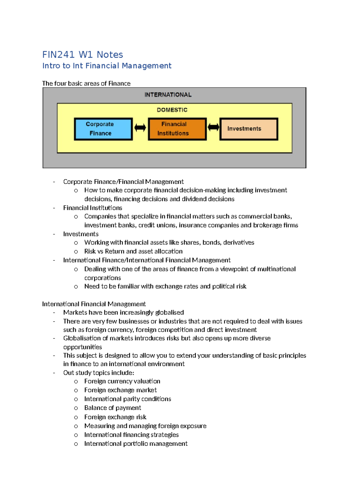 FIN241 W1 Notes - FIN241 W1 Notes Intro to Int Financial Management The ...
