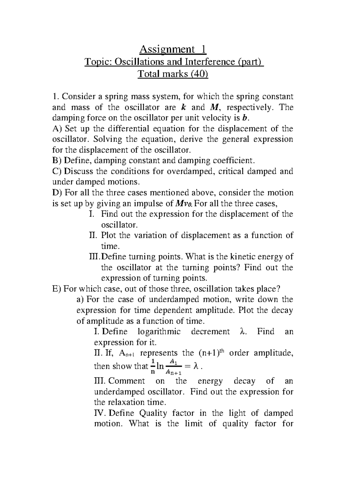 Assignment Oscillations Waves - Assignment_ Topic: Oscillations and Interference (part) Total ...