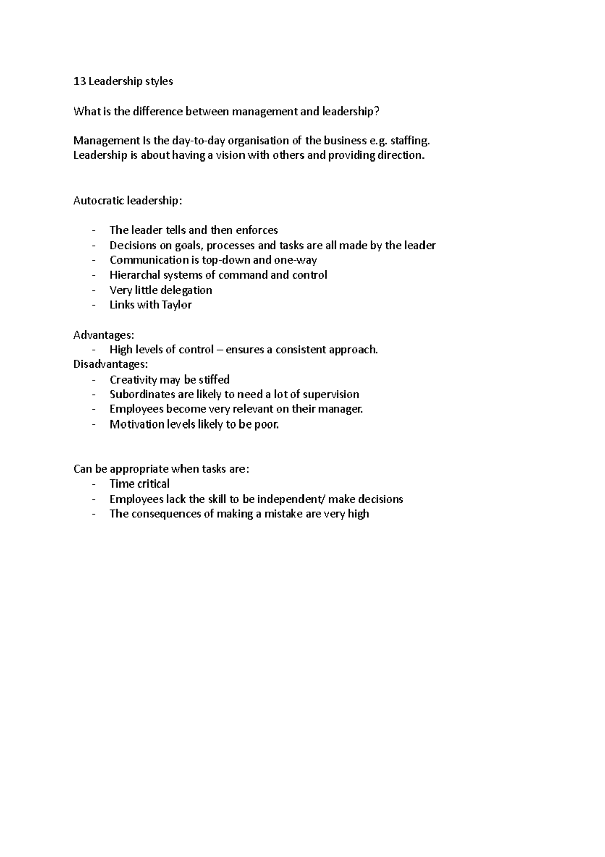 13 Leadership styles - A-level notes - 13 Leadership styles What is the ...