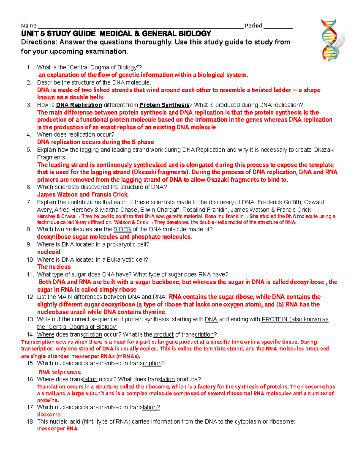 Unit 5 Study Guide 2019 Med and Gen Bio 2022 - Name - Studocu