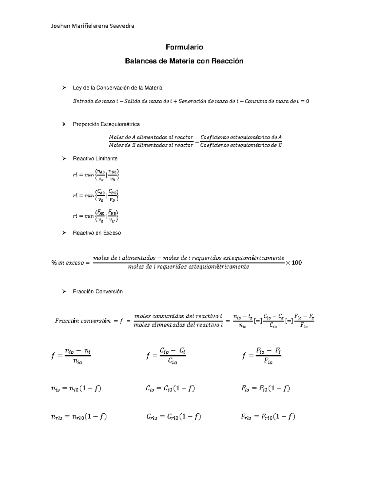 BME A2 - Fórmulas para balances de materia con reacción - Joahan ...