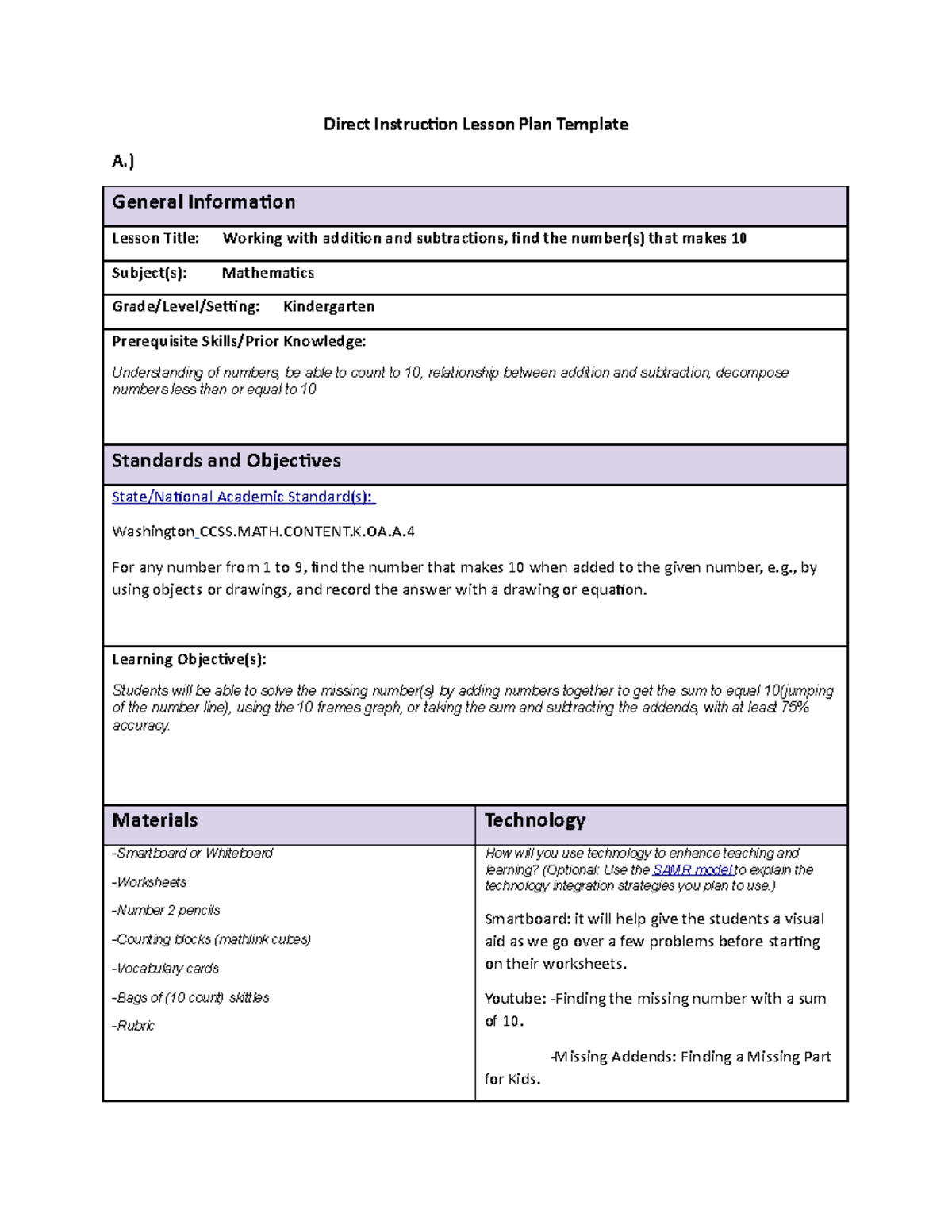Task 1 Assessment Planning - Direct Instruction Lesson Plan Template A ...