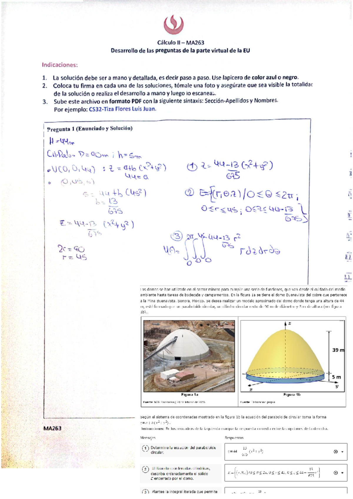 EU2 - Calculo 2 - Cálculo II MA263 Desarrollo de las preguntas de la parte virtual de la EU ...