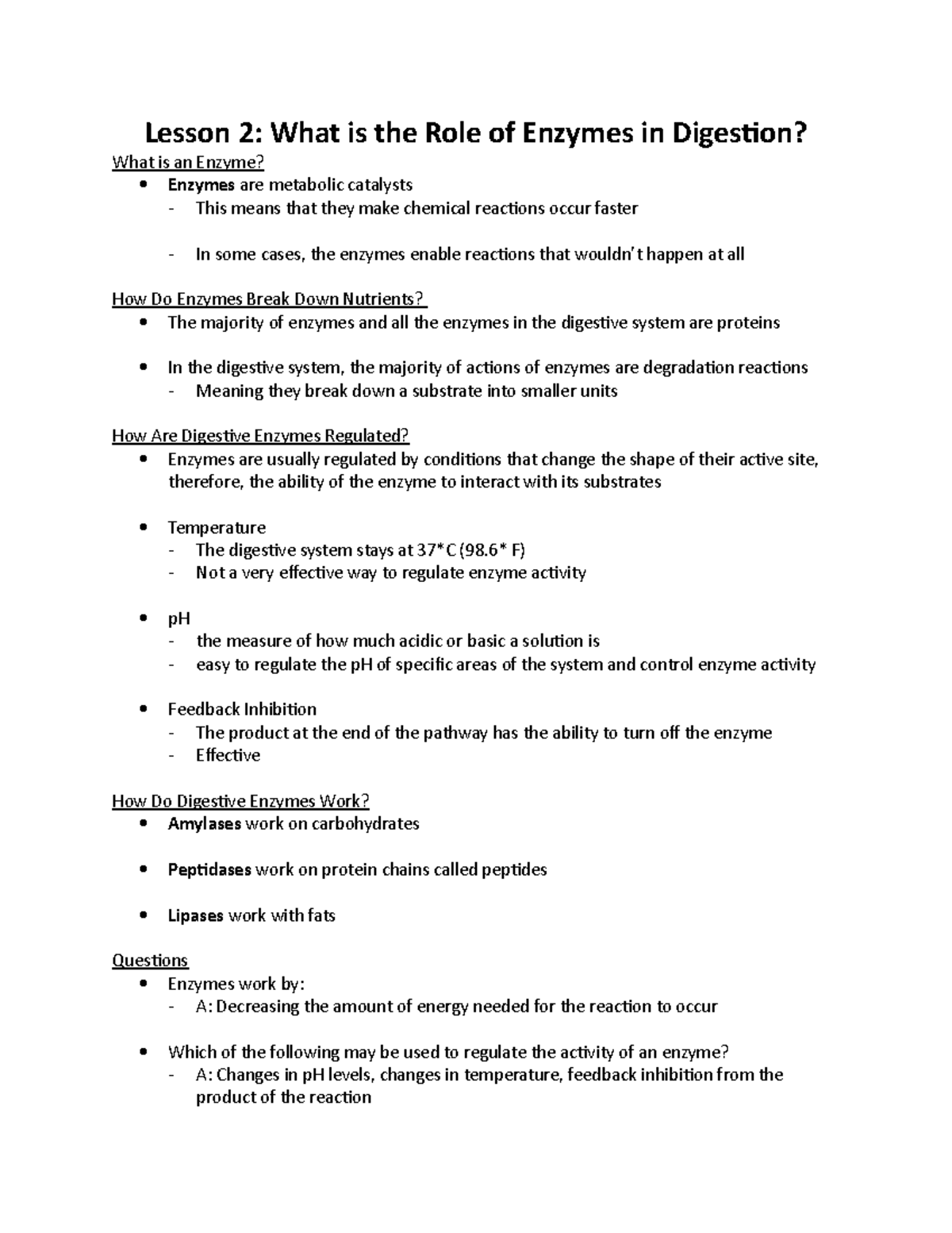 Lesson 2 What is the Role of Enzymes in Digestion - Studocu