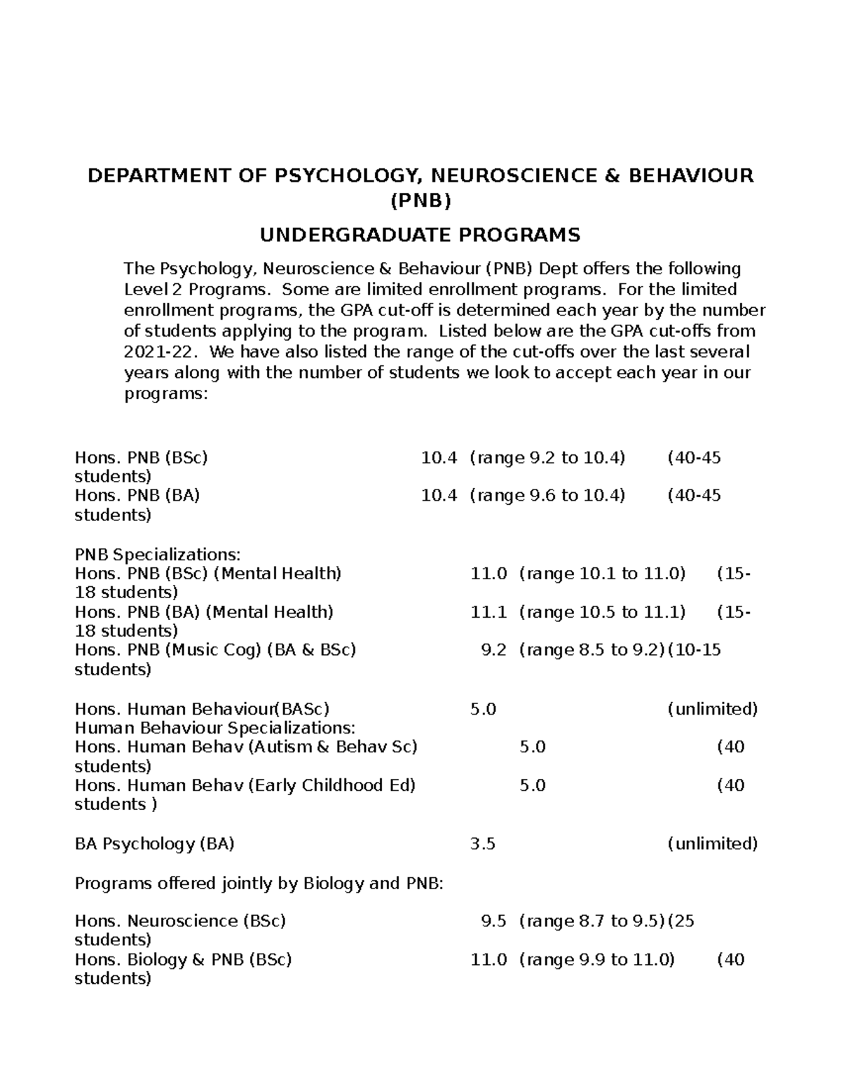PNB programs including gpa cutoffs - Pnb 2Xb3 - McMaster - Studocu