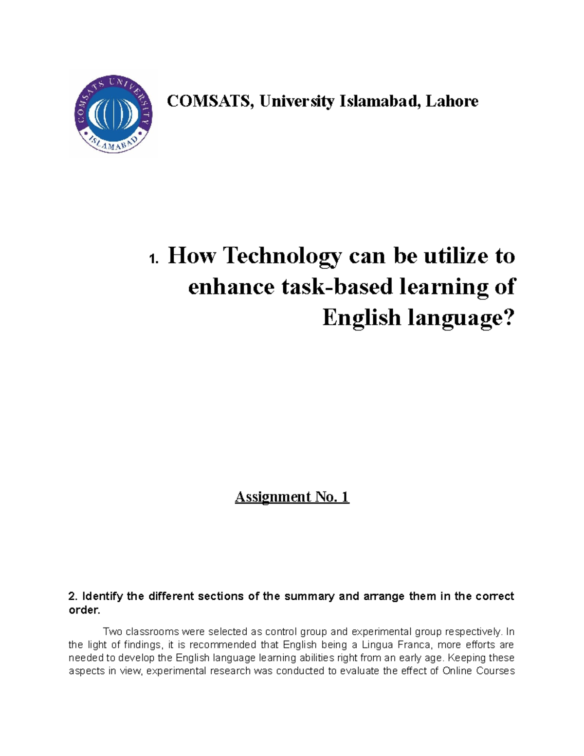 RWS - comsats - COMSATS, University Islamabad, Lahore 1. How Technology ...