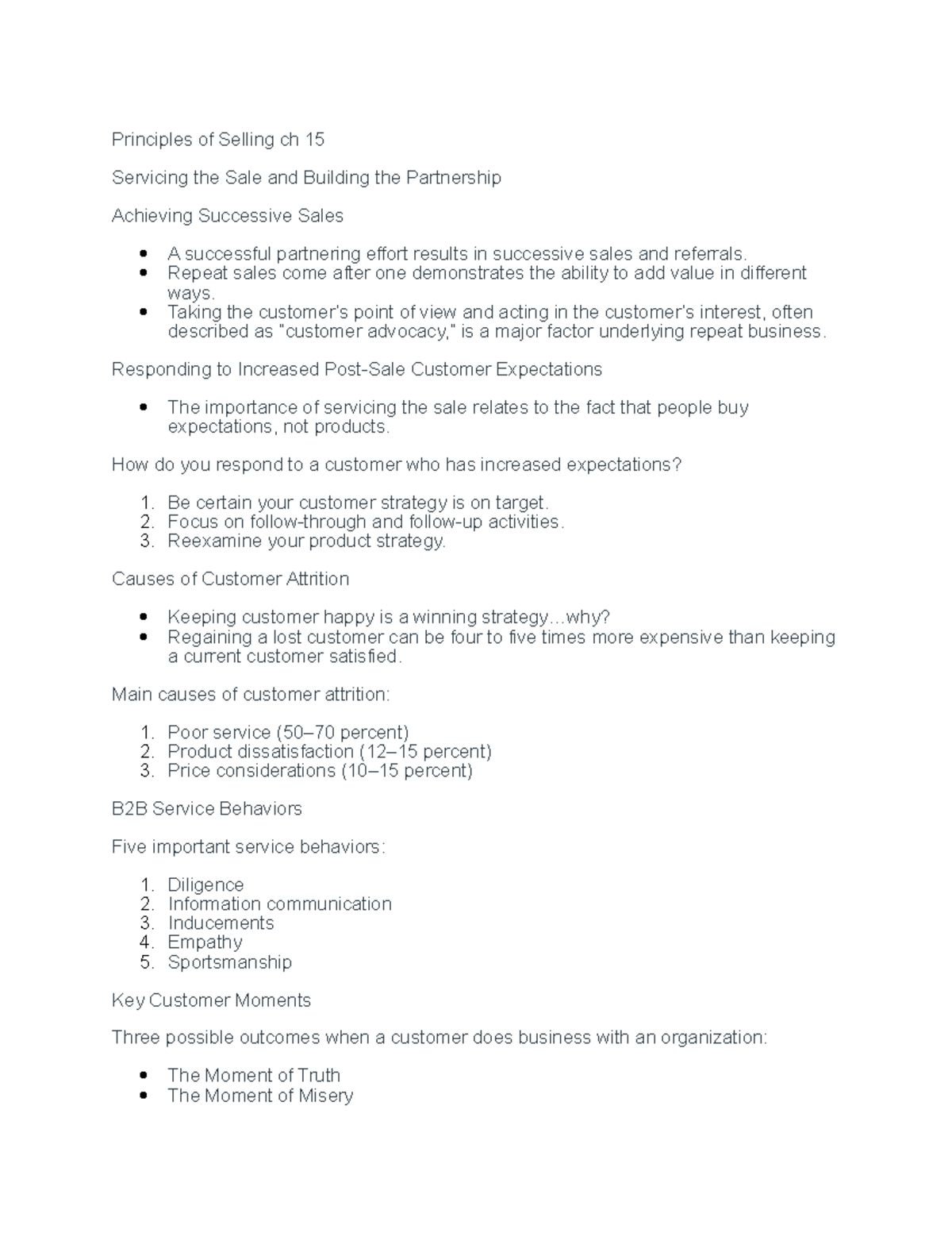 Selling notes ch 15 - Principles of Selling ch 15 Servicing the Sale ...