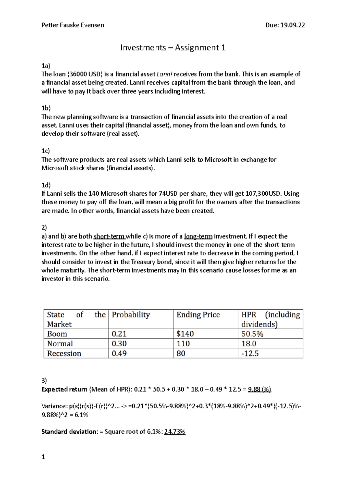 Investments Assignments 1 Ferdig P - Petter Fauske Evensen Due: 19 ...