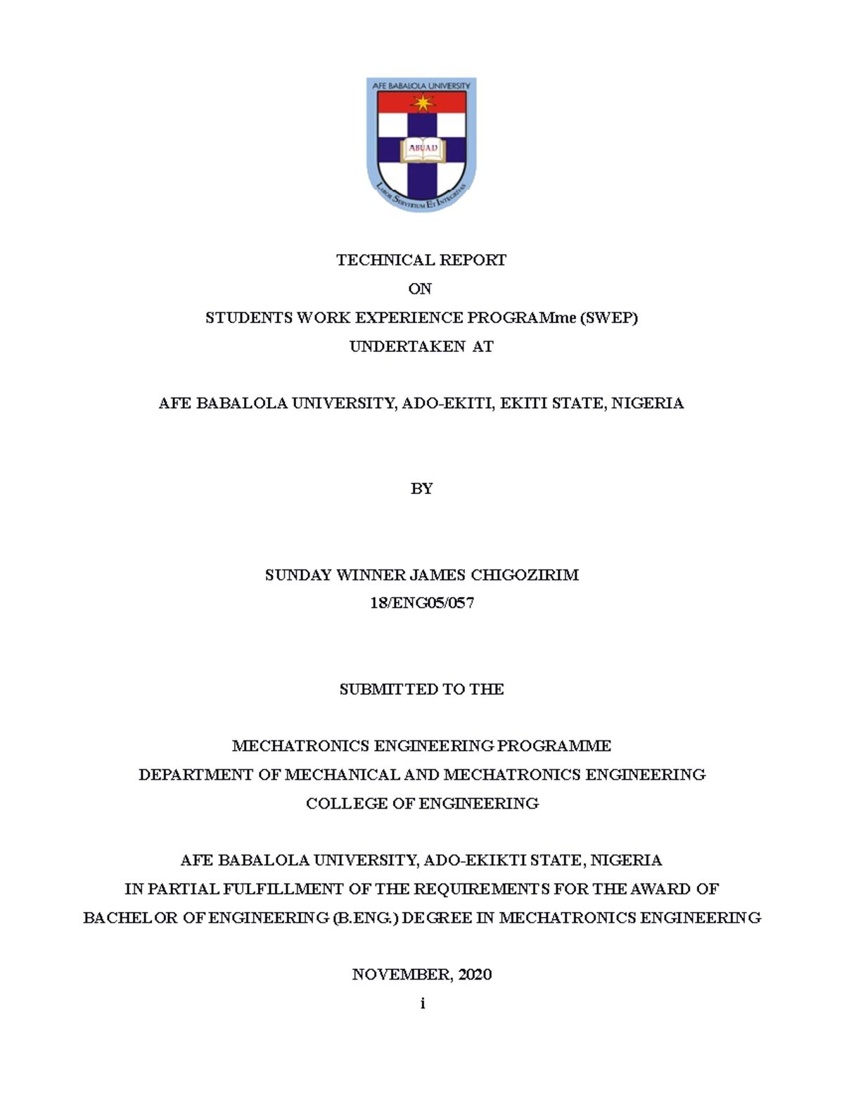 Students Work Experience Program (SWEP) Report - TECHNICAL REPORT ON ...