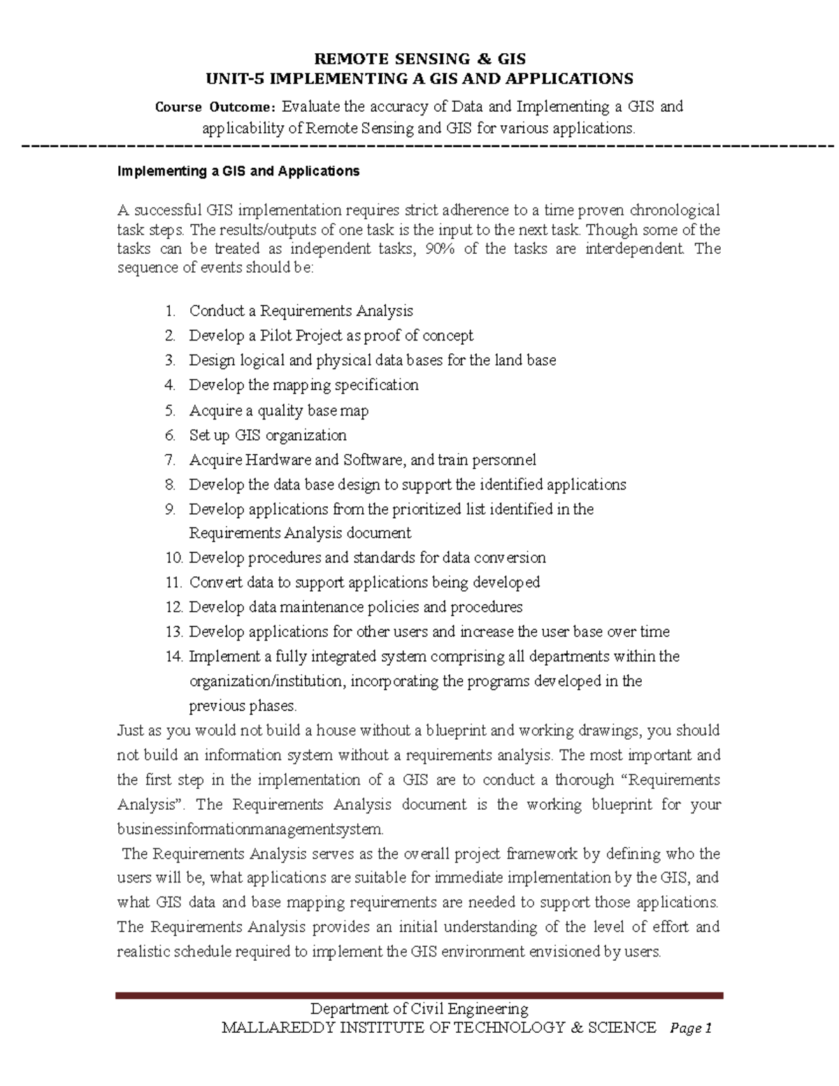 UNIT -5 Implementing A GIS AND Applications - REMOTE SENSING & GIS UNIT-5 IMPLEMENTING A GIS AND ...