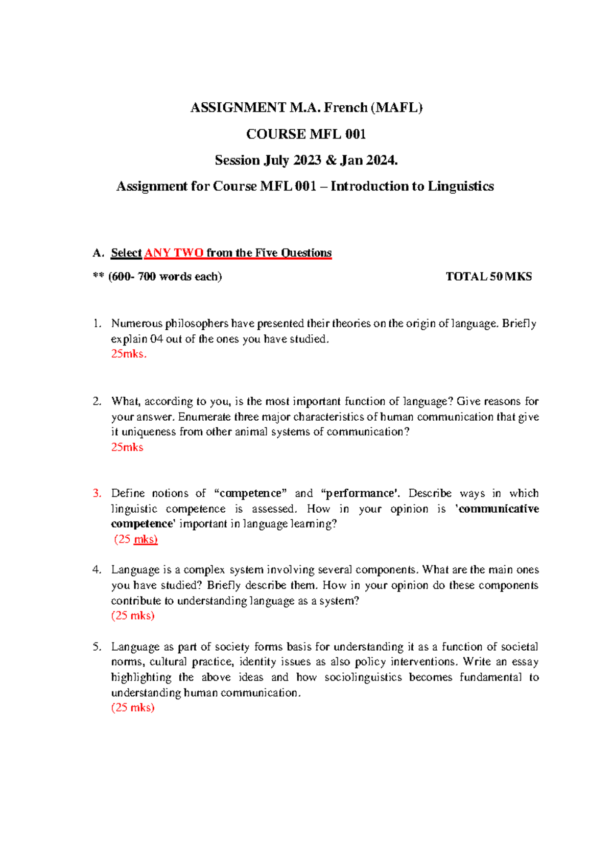 MFL 001-2023 (Linguistics) - ASSIGNMENT M. French (MAFL) COURSE MFL 001 ...