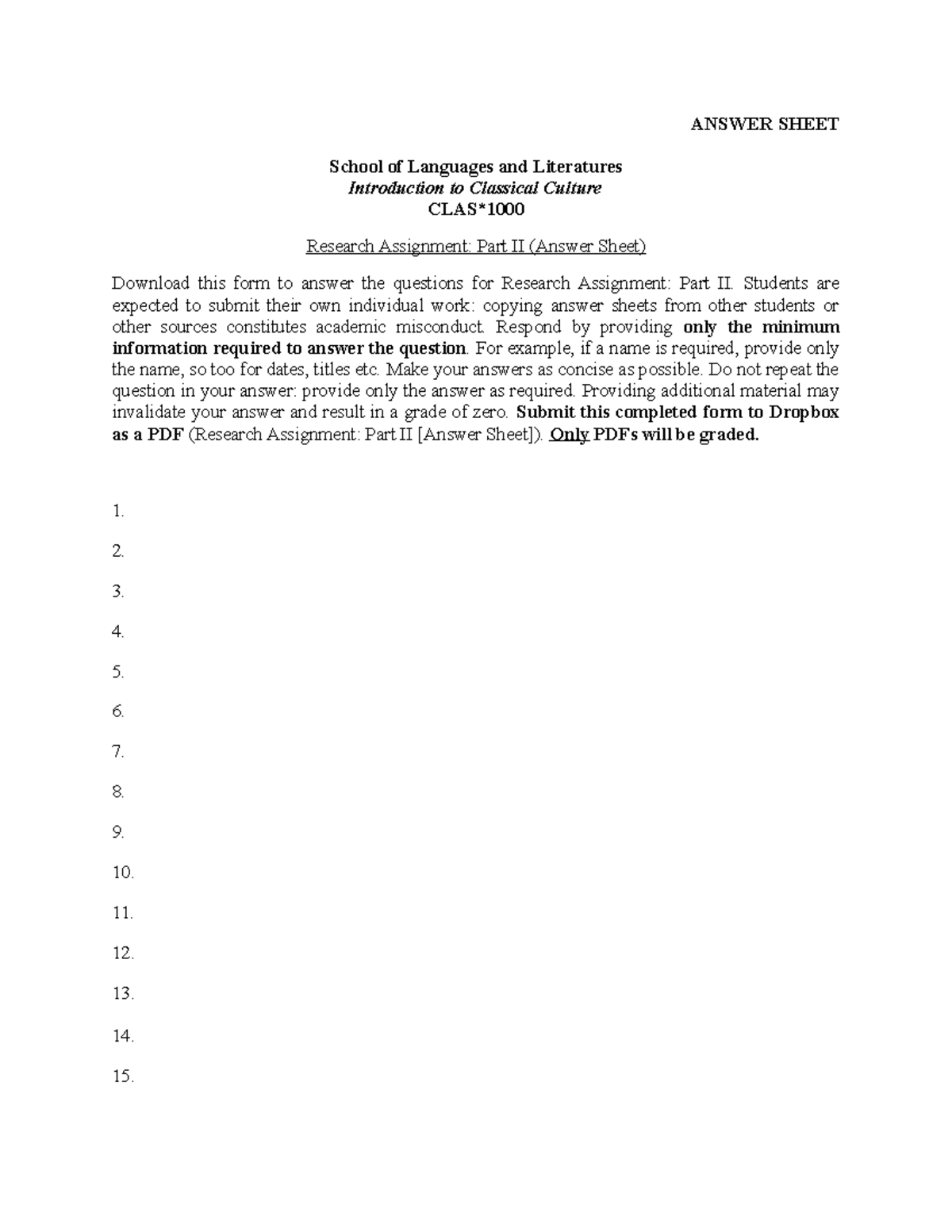 Research Assignment Part II Answer Sheet - ANSWER SHEET School of ...