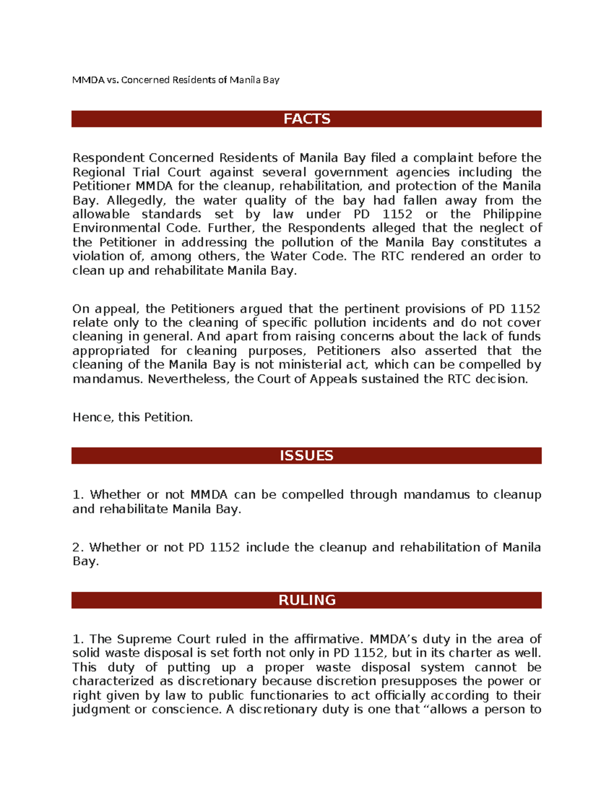 Chapter 4 case digests - MMDA vs. Concerned Residents of Manila Bay ...