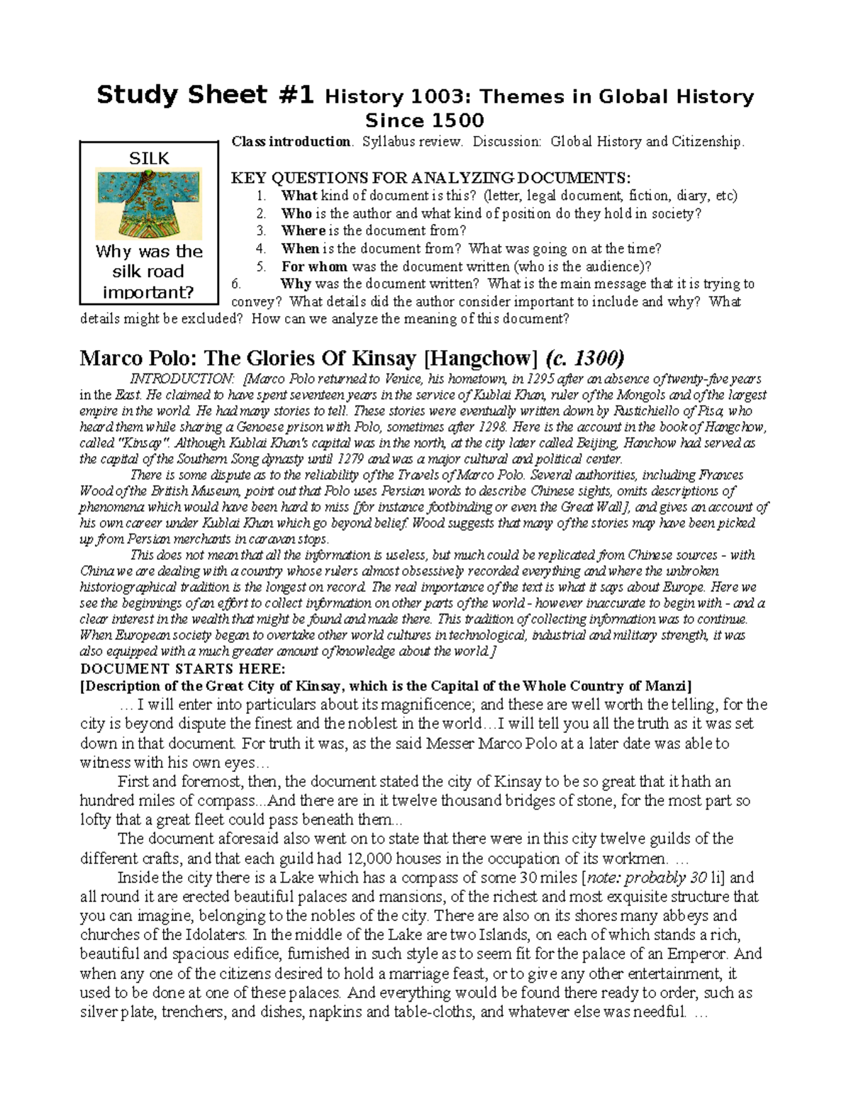 Study Sheet 1 Marco Polo 2020 Fall - Study Sheet #1 History 1003 ...