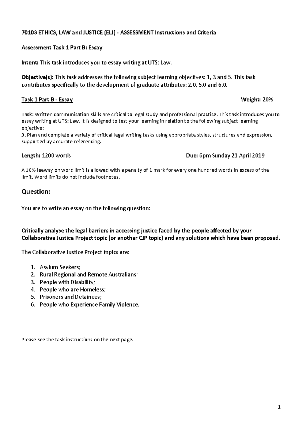 Assessment Task 1 Part B - Essay Instructions, Criteria and checklist ...