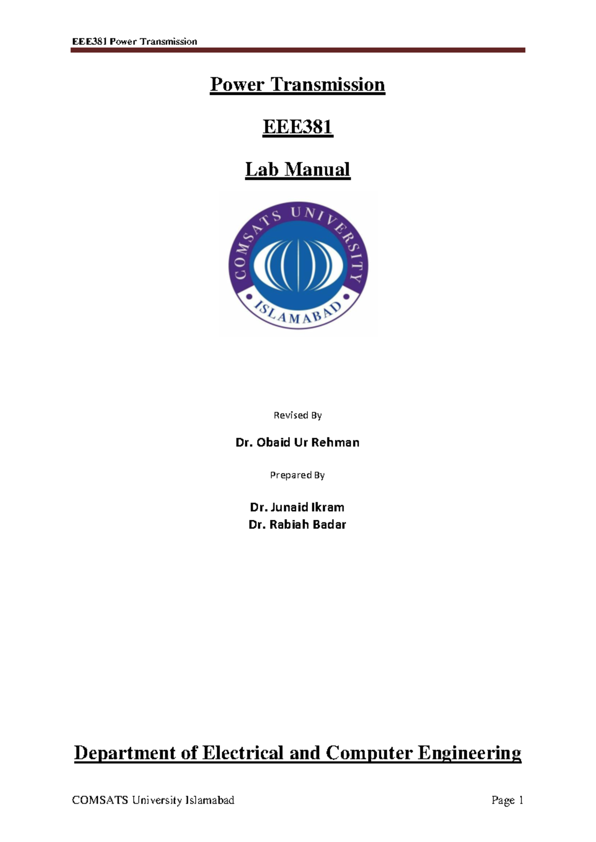 Power transmission Lab-Manual- Fall 2023 - EEE381 Power Transmission Power Transmission EEE3 81 ...