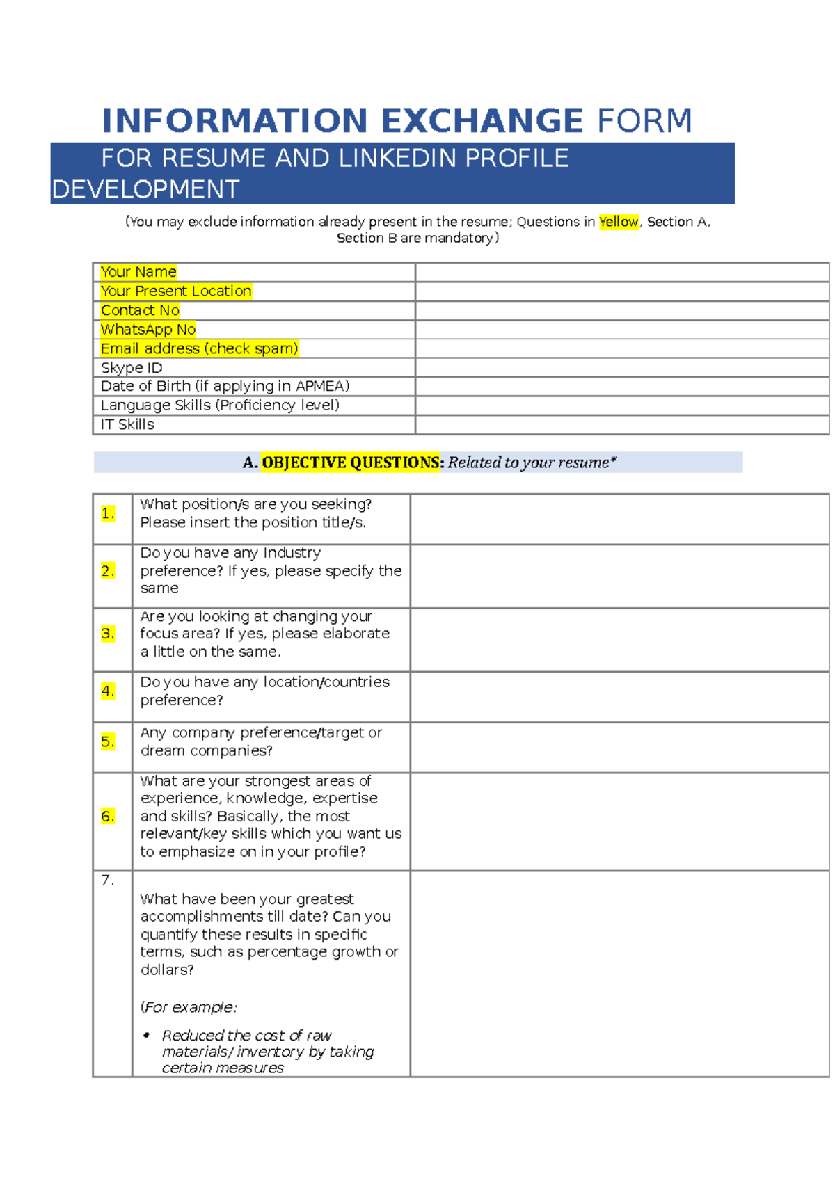 Information Exchange - INFORMATION EXCHANGE FORM FOR RESUME AND ...