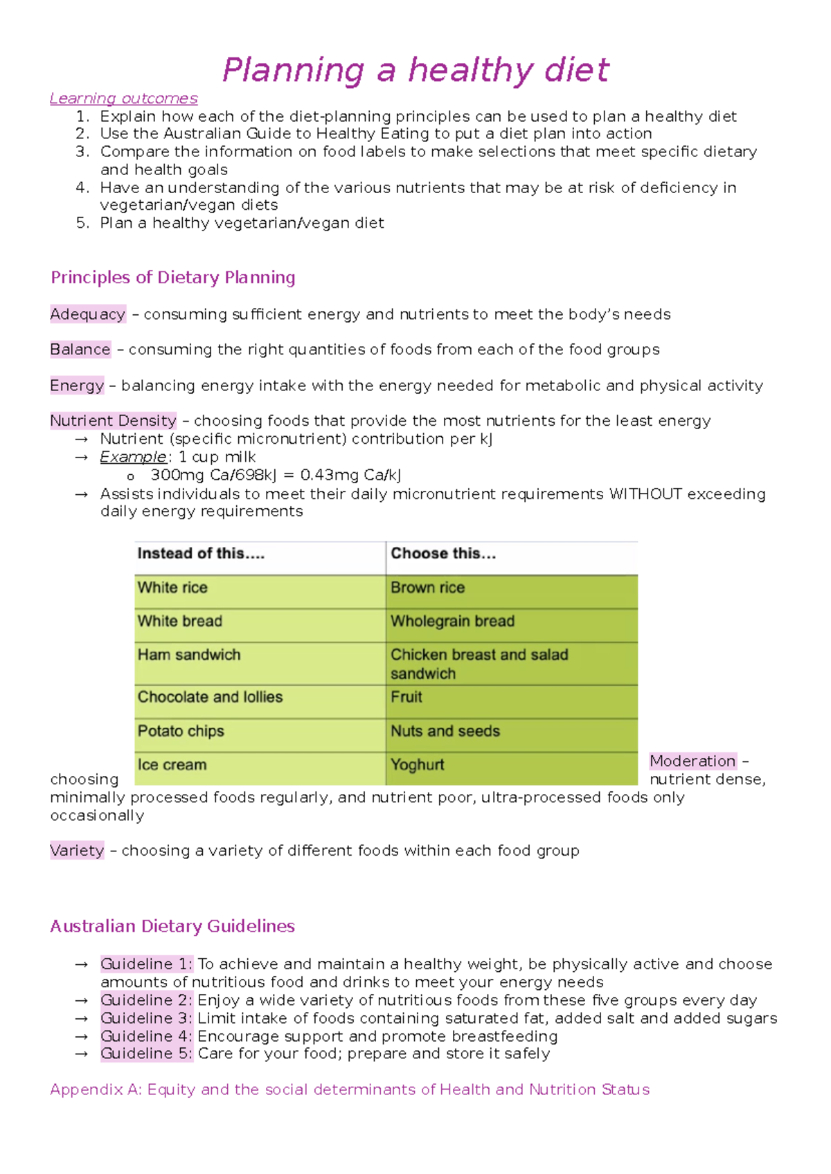 Planning a healthy diet notes (week 10) - Planning a healthy diet ...