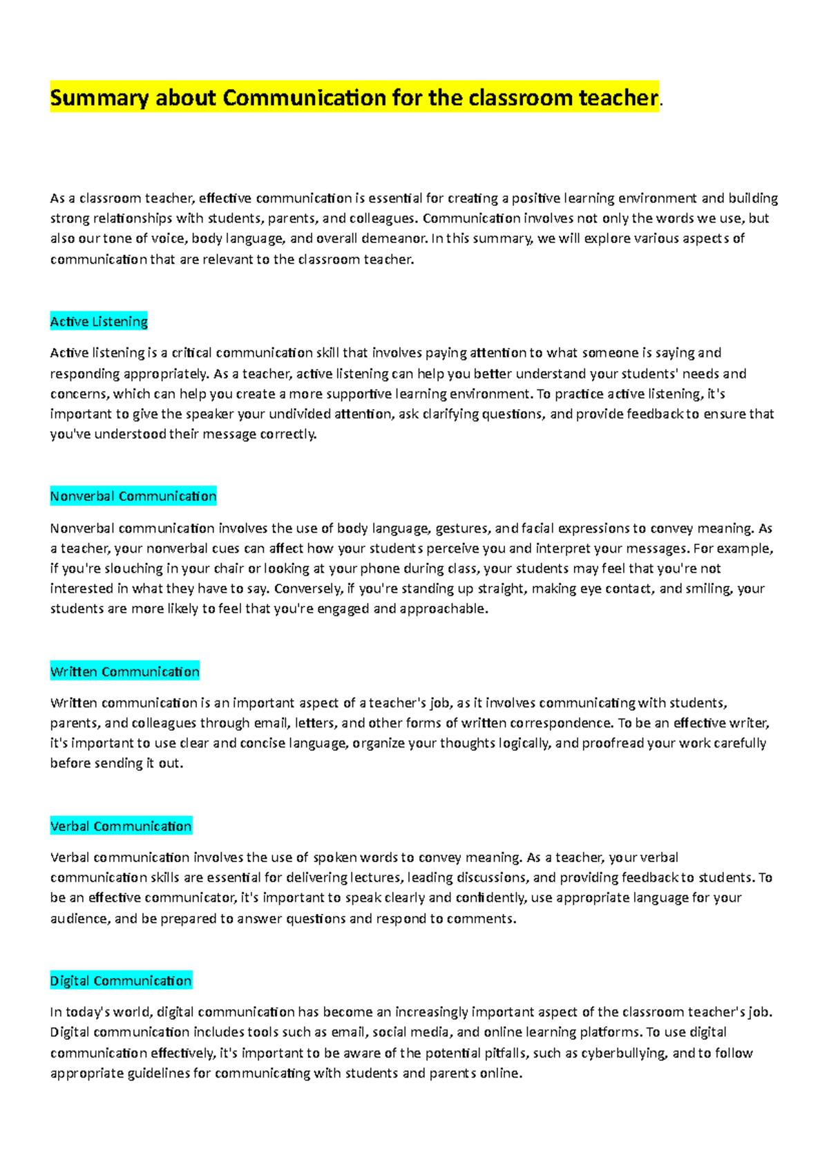 Summary about Communication for the classroom teacher - As a classroom ...