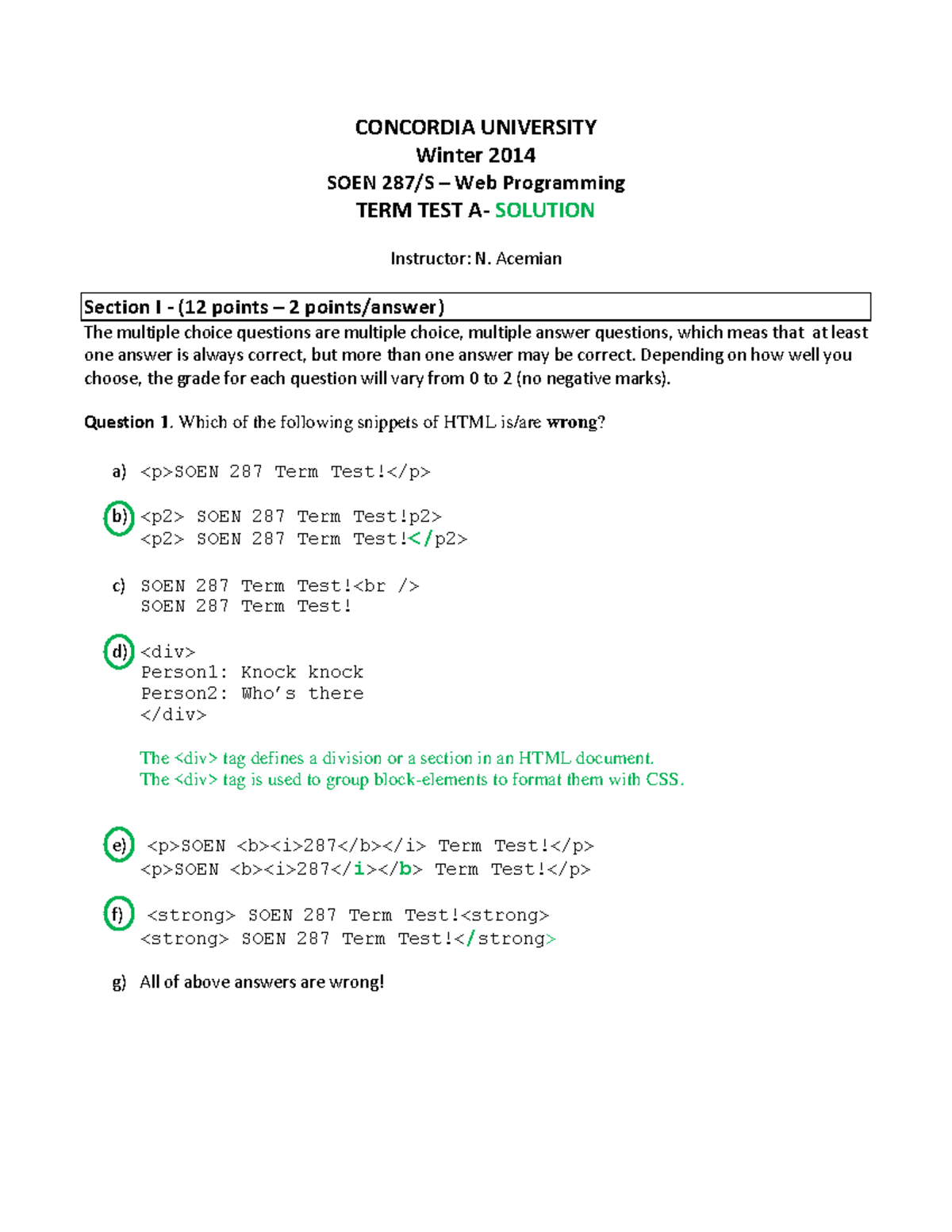 2014 Winter A Solutions - CONCORDIA UNIVERSITY Winter 2014 SOEN 287/S – Web Programming TERM ...