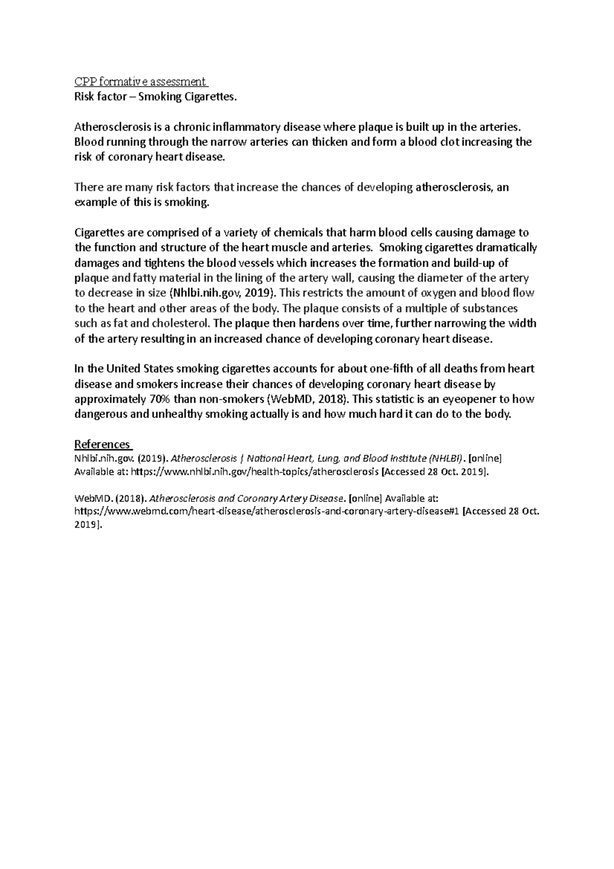 CPP smoking formative assessment - CPP formative assessment Risk factor ...