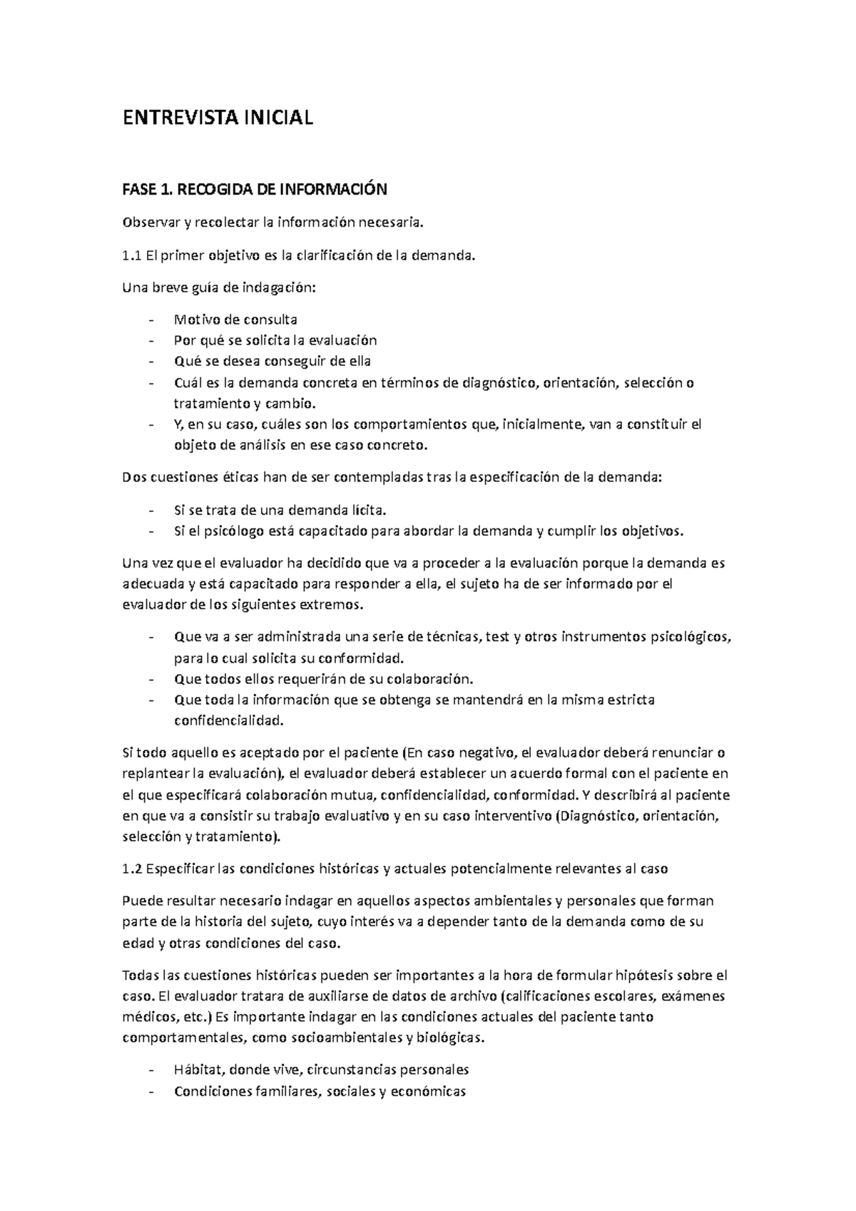 GUIA DE Entrevista Inicial Resumen - ENTREVISTA INICIAL FASE 1. RECOGIDA DE INFORMACIÓN Observar ...