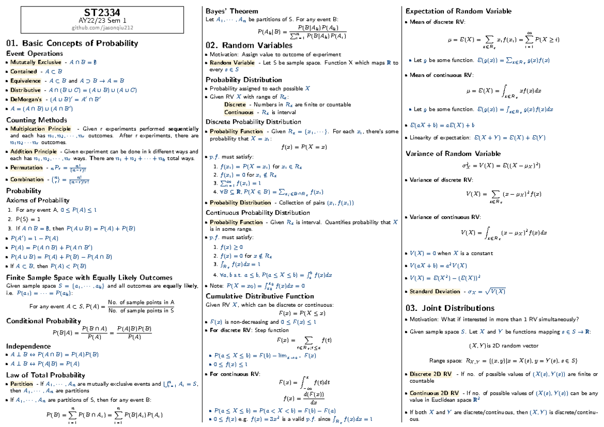 ST2334 Cheatsheet - Summary for finals - ST AY22/23 Sem 1 github/jasonqiu 01. Basic Concepts of ...