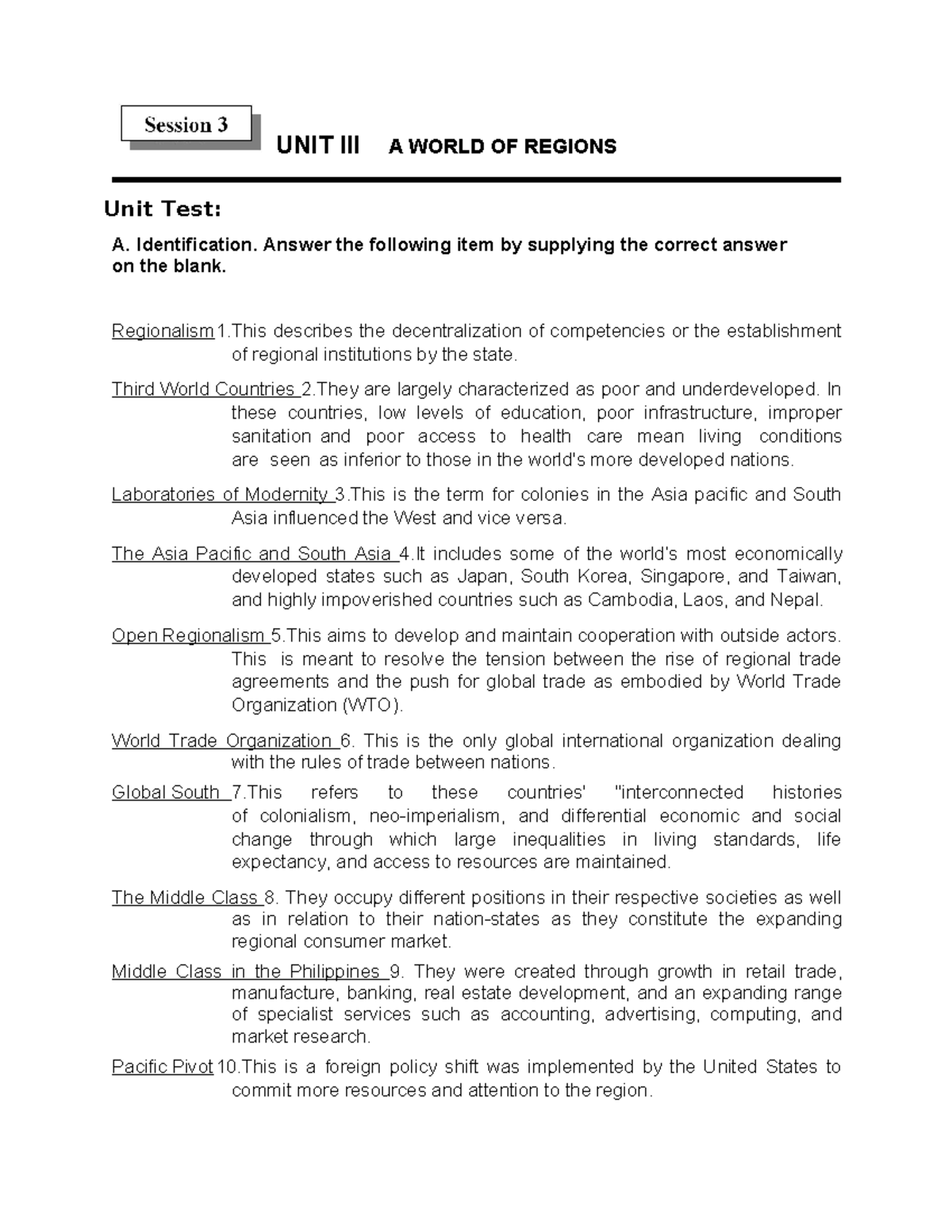 Reyes UNIT IIIA World OF Regions - UNIT III A WORLD OF REGIONS Unit ...