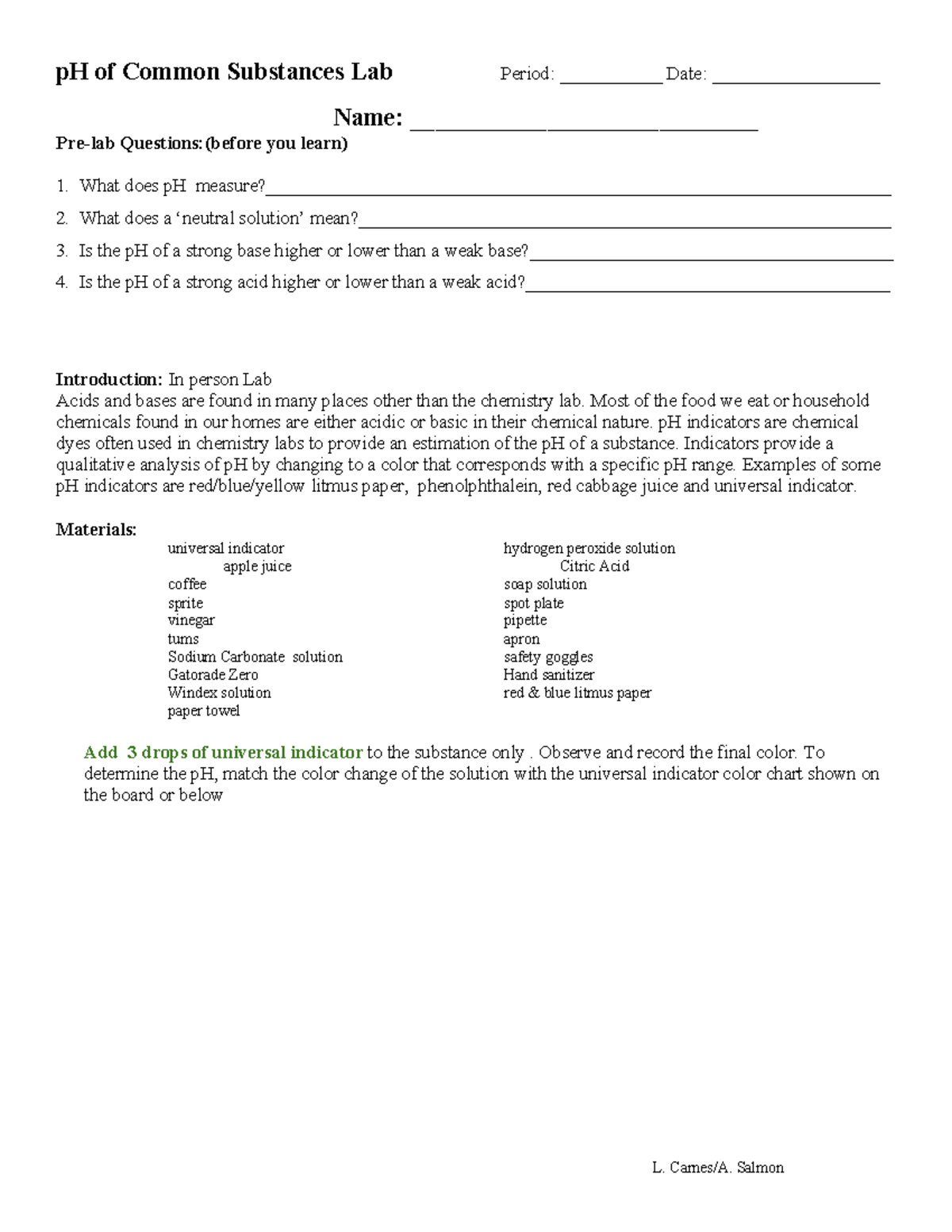 P H of Common Substances Lab-NJames - pH of Common Substances Lab ...