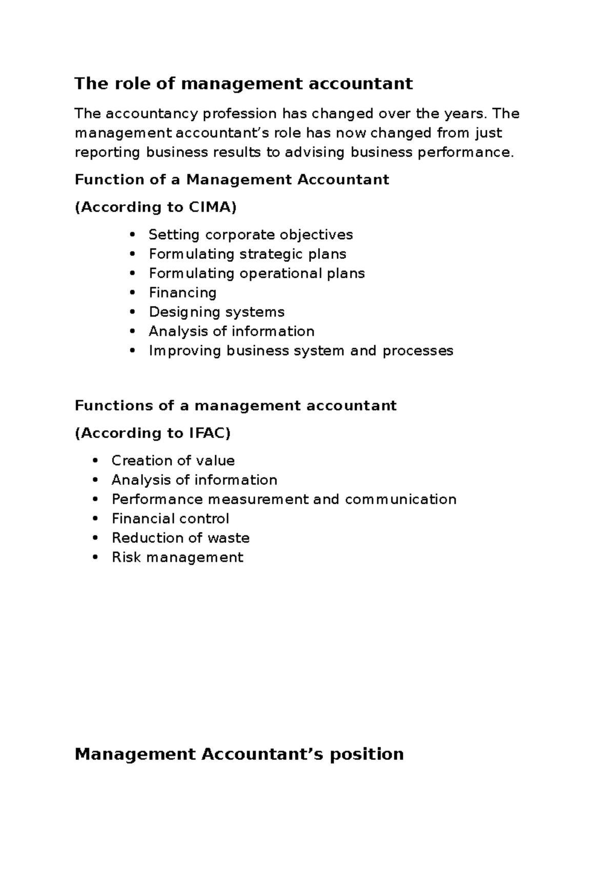 Roles of management accountant and management accountant's position ...