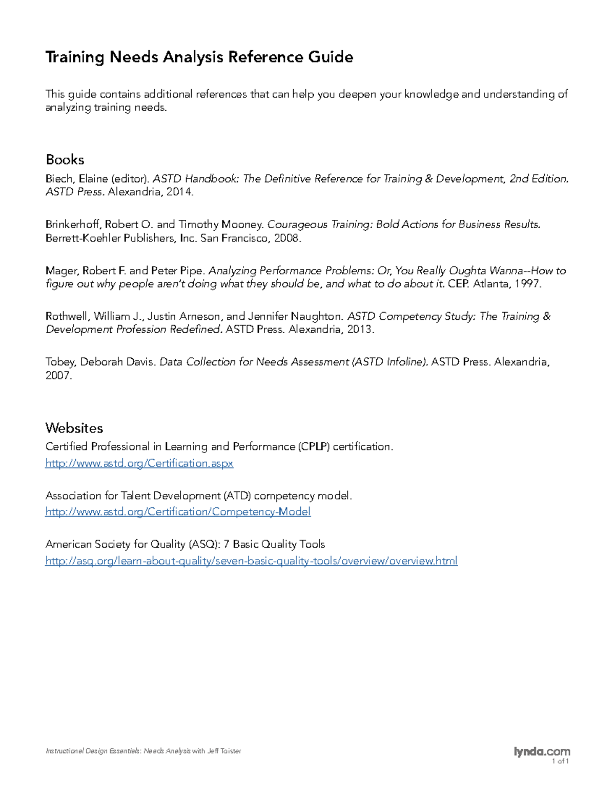 Training Needs Analysis Reference Guide - Books Biech, Elaine (editor ...