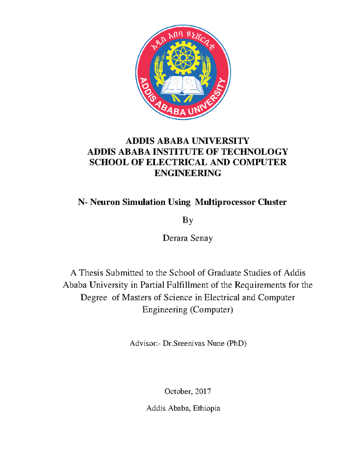 Derara Senay N Neuron Simulation Using Multiprocessor Cluster Addis Ababa University Addis