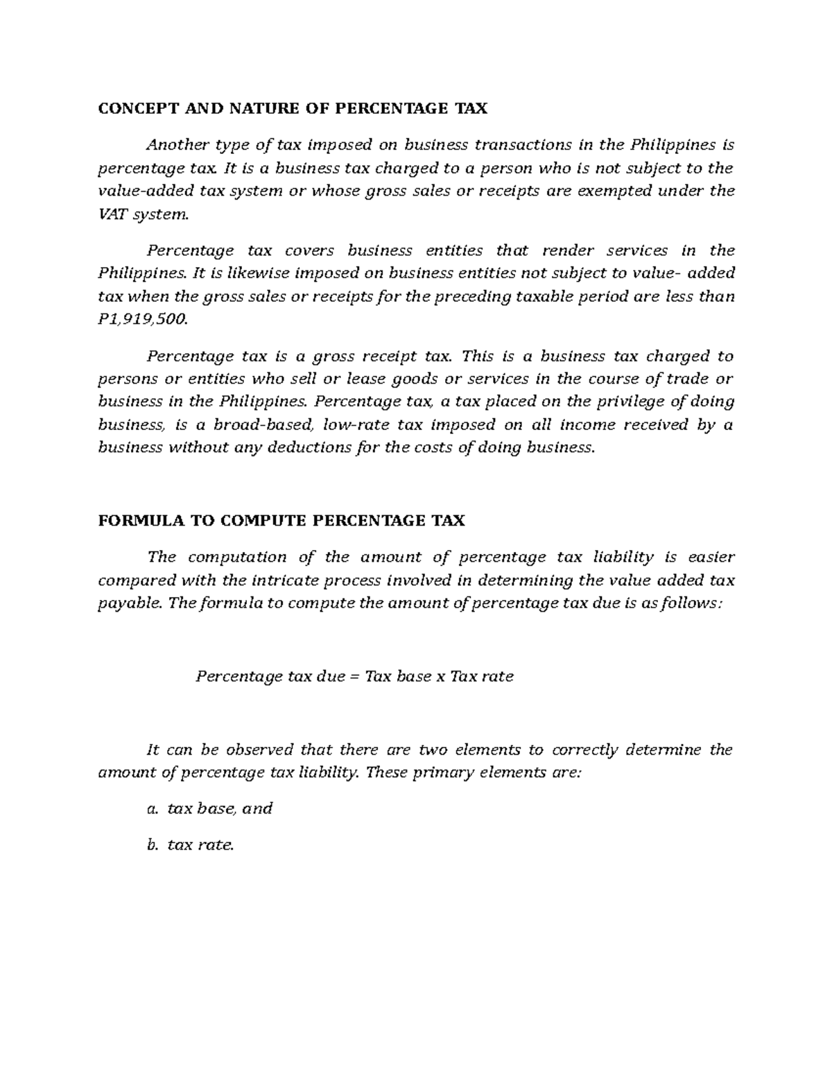 Concept AND Nature OF Percentage TAX - CONCEPT AND NATURE OF PERCENTAGE ...