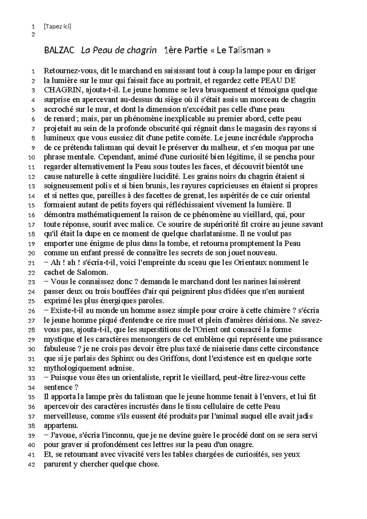 Balzac La Peau de chagrin 1ère Partie Le Talisman T1 - [Tapez ici] BALZAC La Peau de chagrin ...