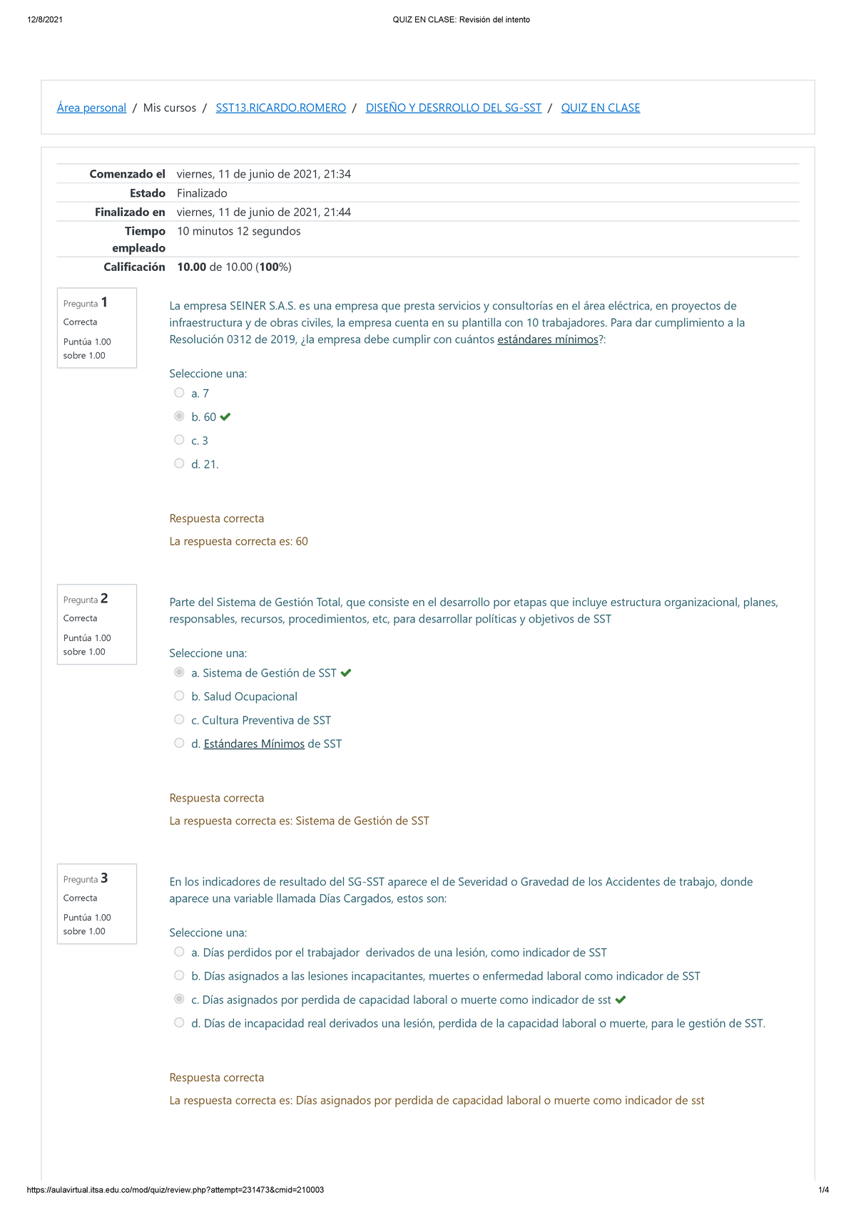 QUIZ EN Clase Revisión del intento - Área personal / Mis cursos / SST13 ...