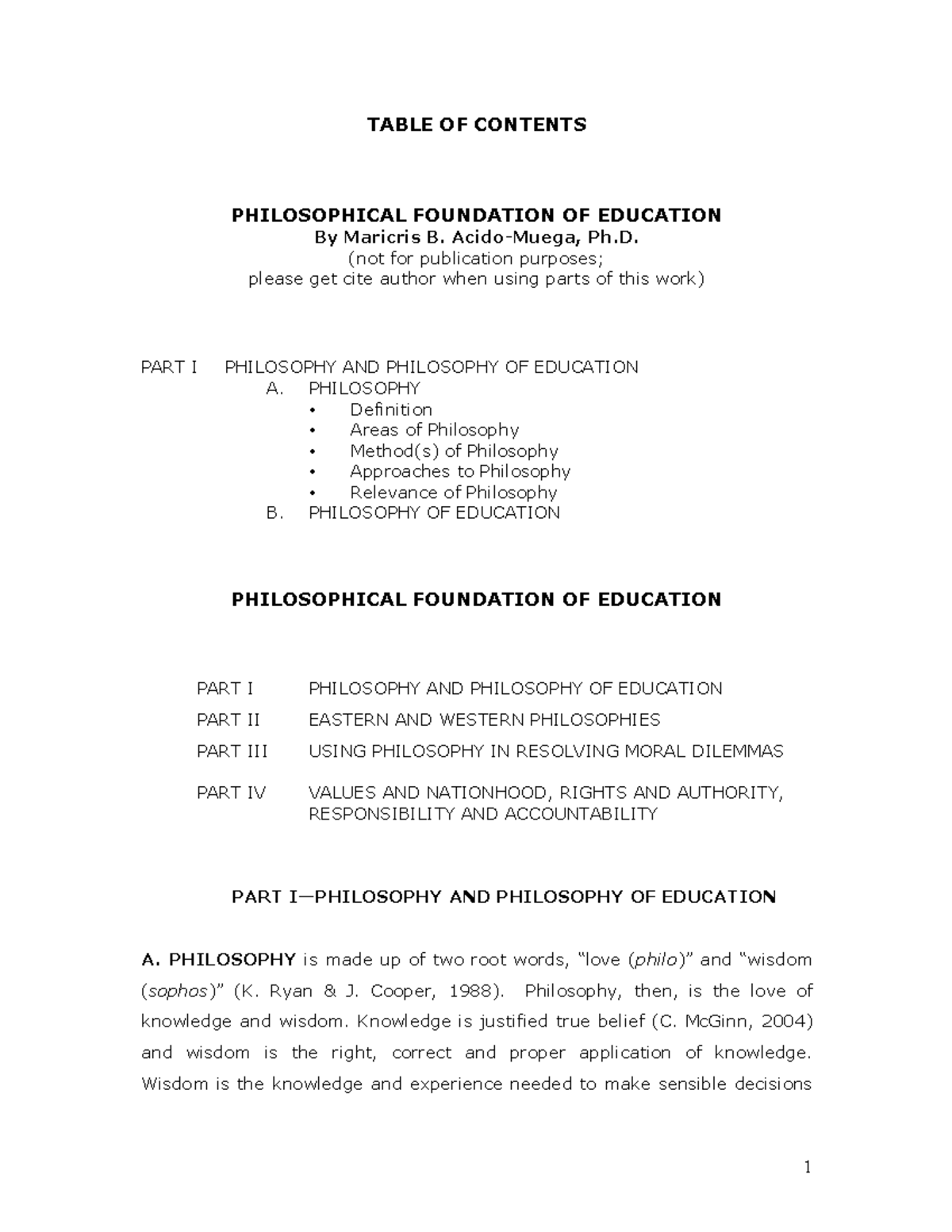 Philoand Philo Educ Acido Muega (1) - TABLE OF CONTENTS PHILOSOPHICAL FOUNDATION OF EDUCATION By ...