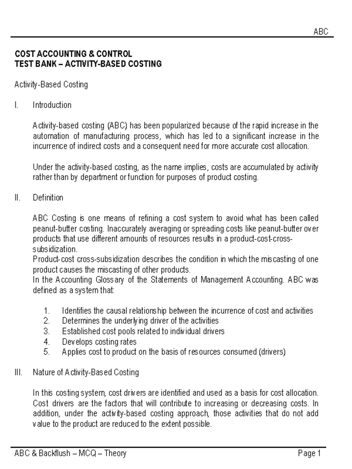 Test bank-ABC - test banks - ABC COST ACCOUNTING & CONTROL TEST BANK ...