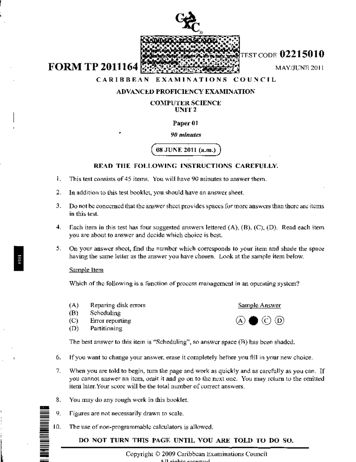 Comp Sci U2 P1 2011 - GAPE Computer Science Unit 2 Multiple Choice Paper Past for May/June 2011 ...