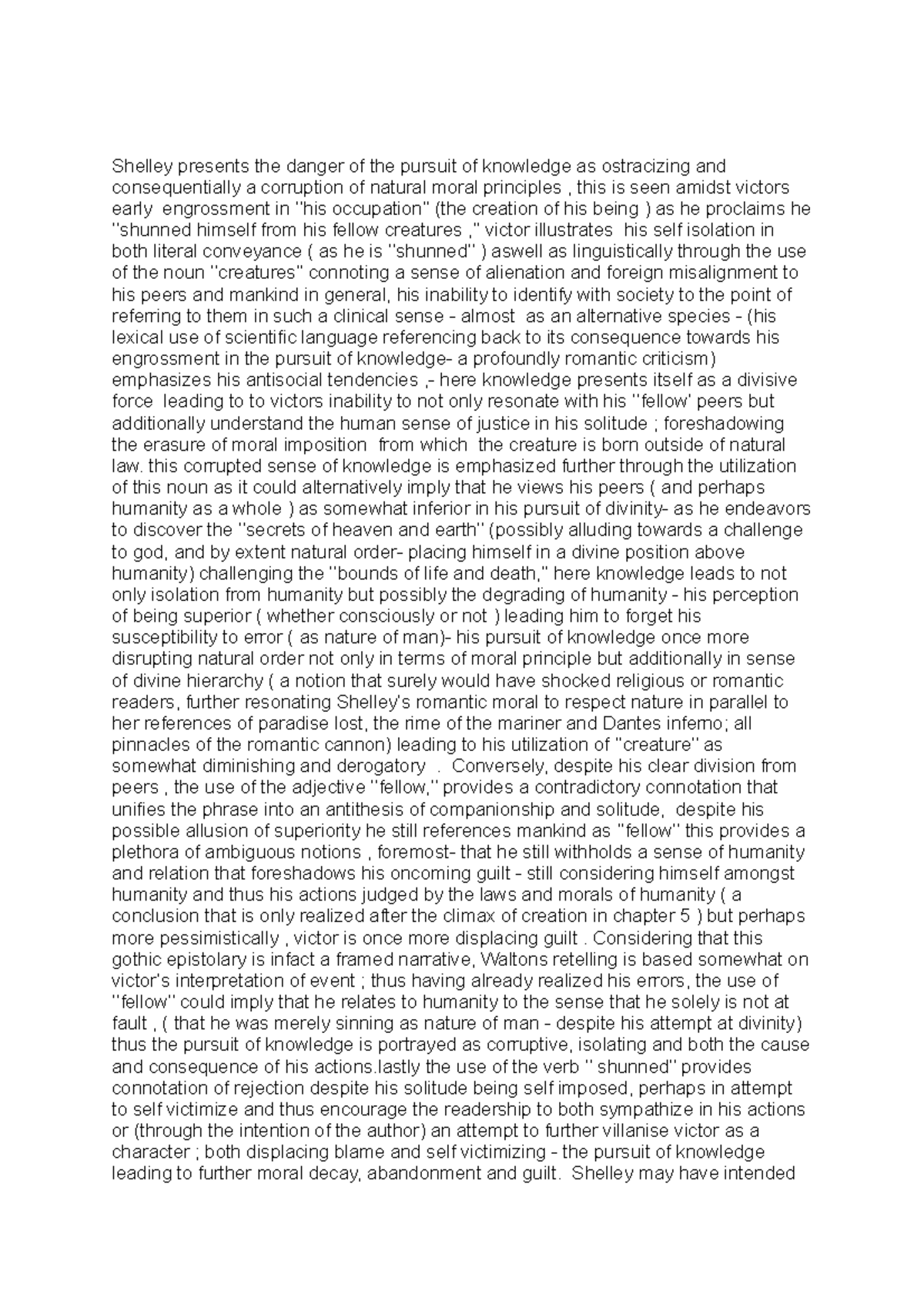 Frankenstein paragraph - Shelley presents the danger of the pursuit of ...