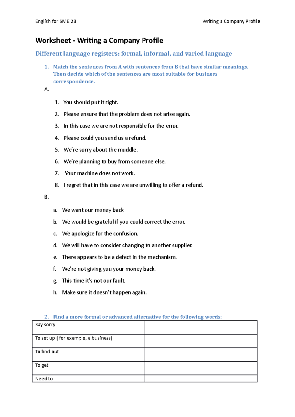 Work sheet - Writing A Company Profile - Worksheet - Writing a Company ...