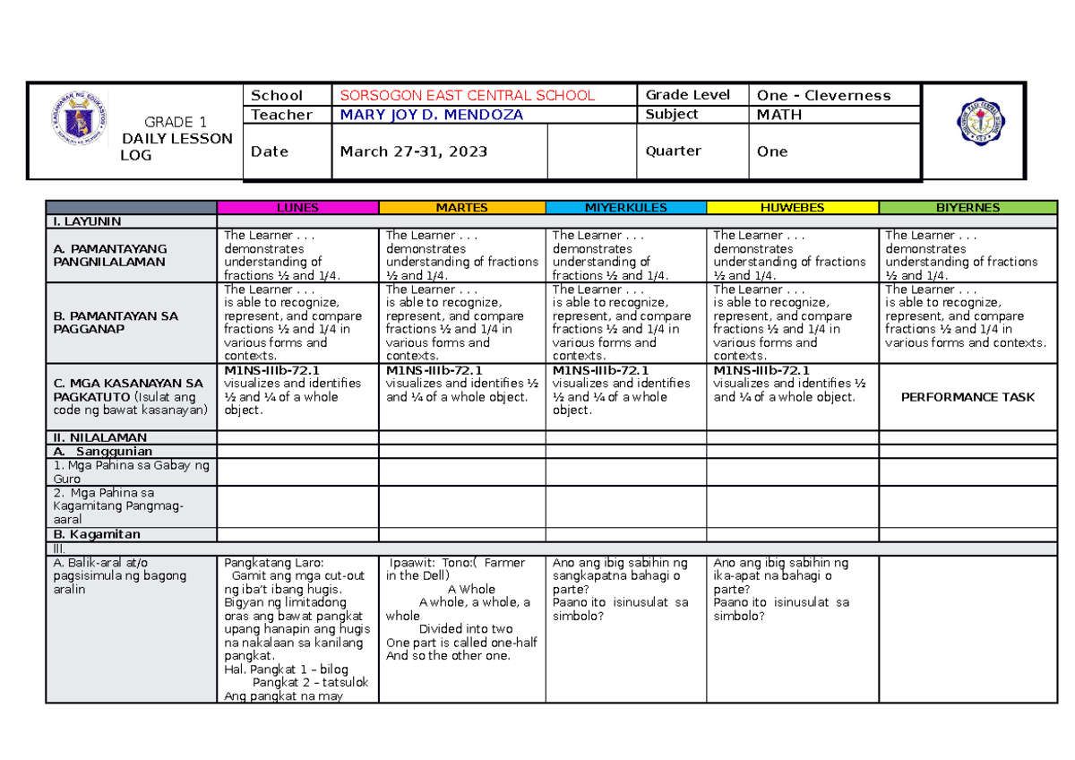 MATH Third Quarter WEEK 1 - GRADE 1 DAILY LESSON LOG School SORSOGON ...