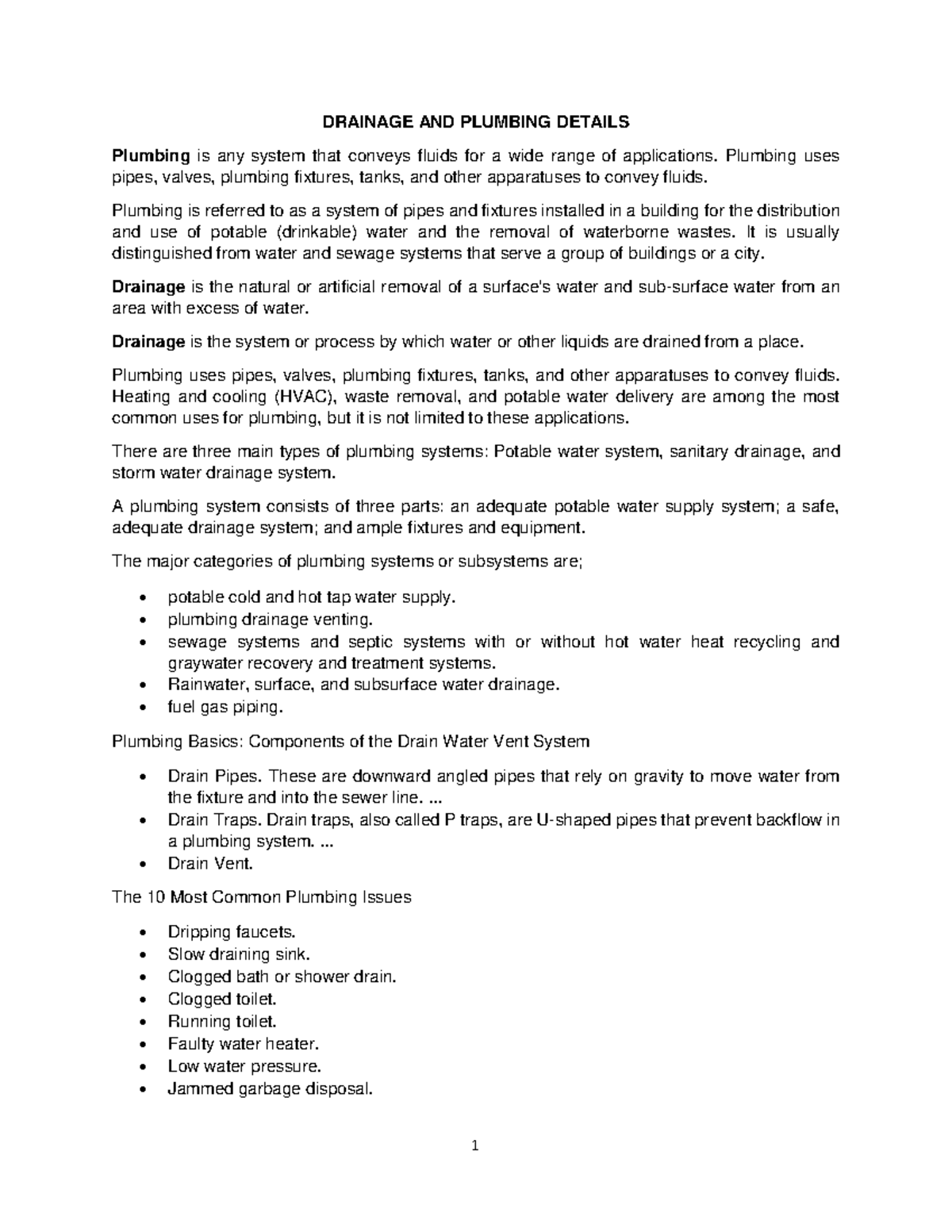 Drainage AND Plumbing CTY260S-Notes - DRAINAGE AND PLUMBING DETAILS ...