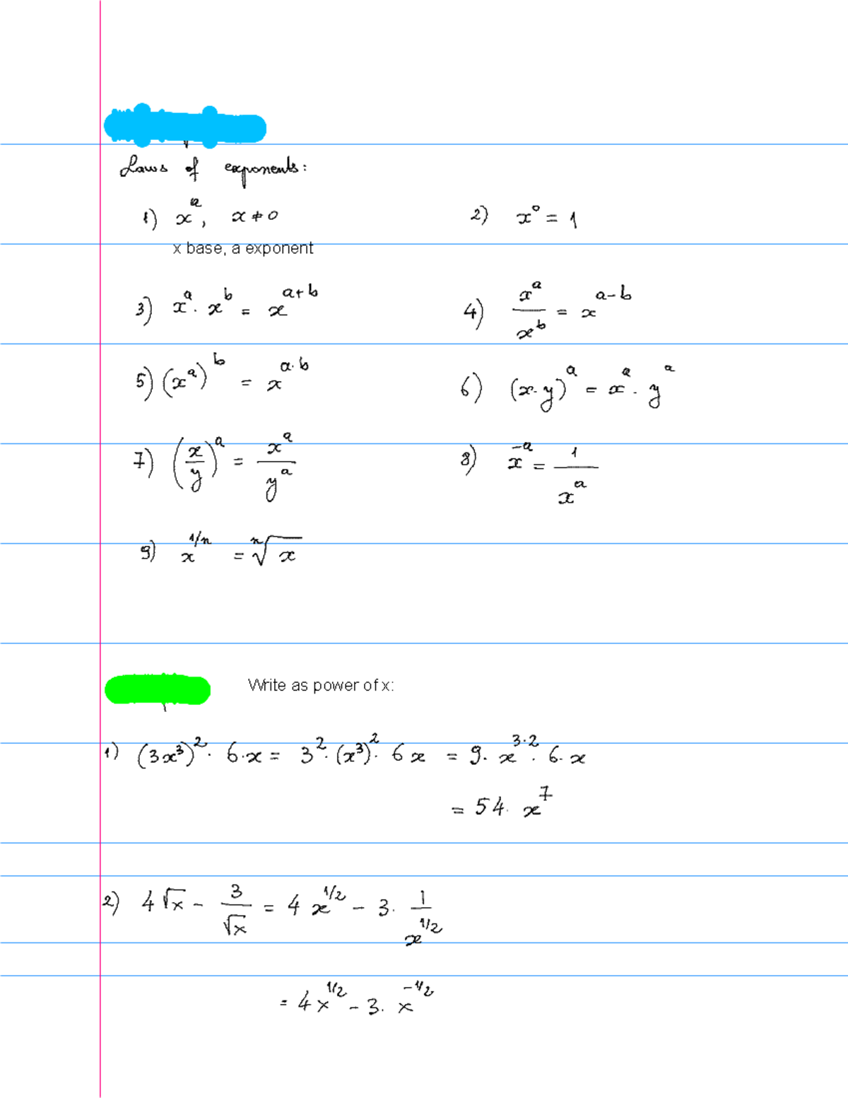 Exponents+quadratics - Laws of exponents: a 1) x, x 0 2) X base, a ...