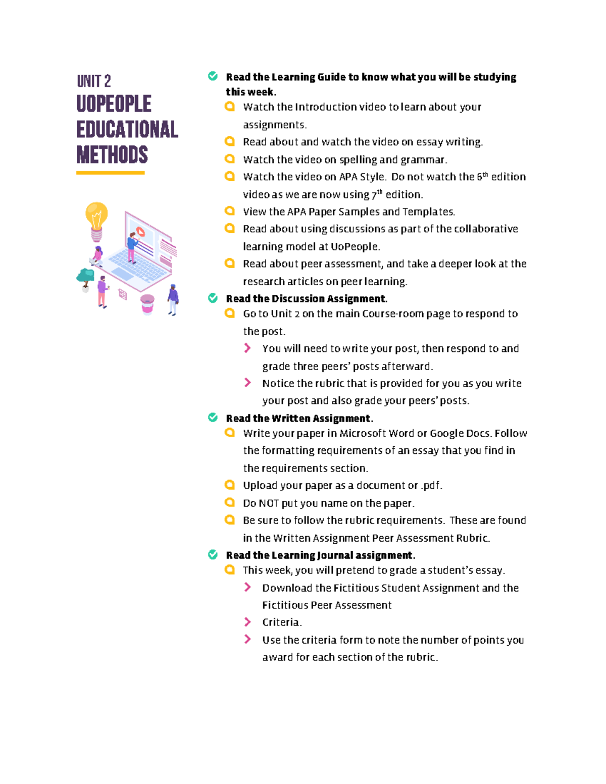 UNIV 1001 Weekly Checklist unit2 - Unit 2 UoPeople Educational Methods ...