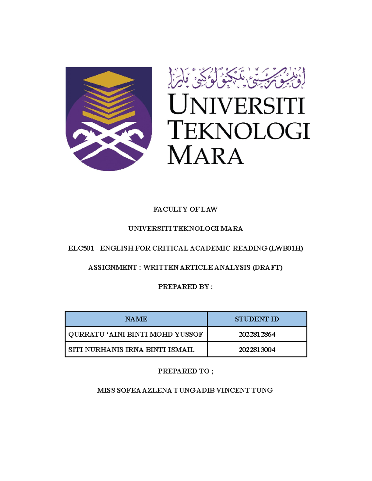 Draft written Article Analysis - FACULTY OF LAW UNIVERSITI TEKNOLOGI ...