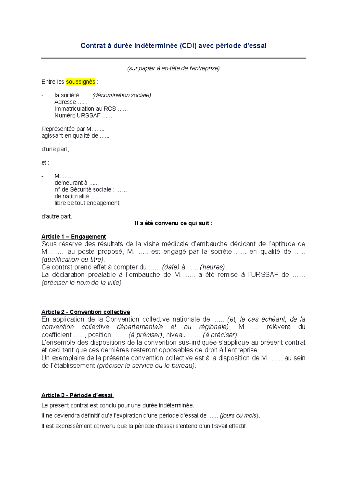 Modele contrat de travail cdi - Contrat à durée indéterminée (CDI) avec ...