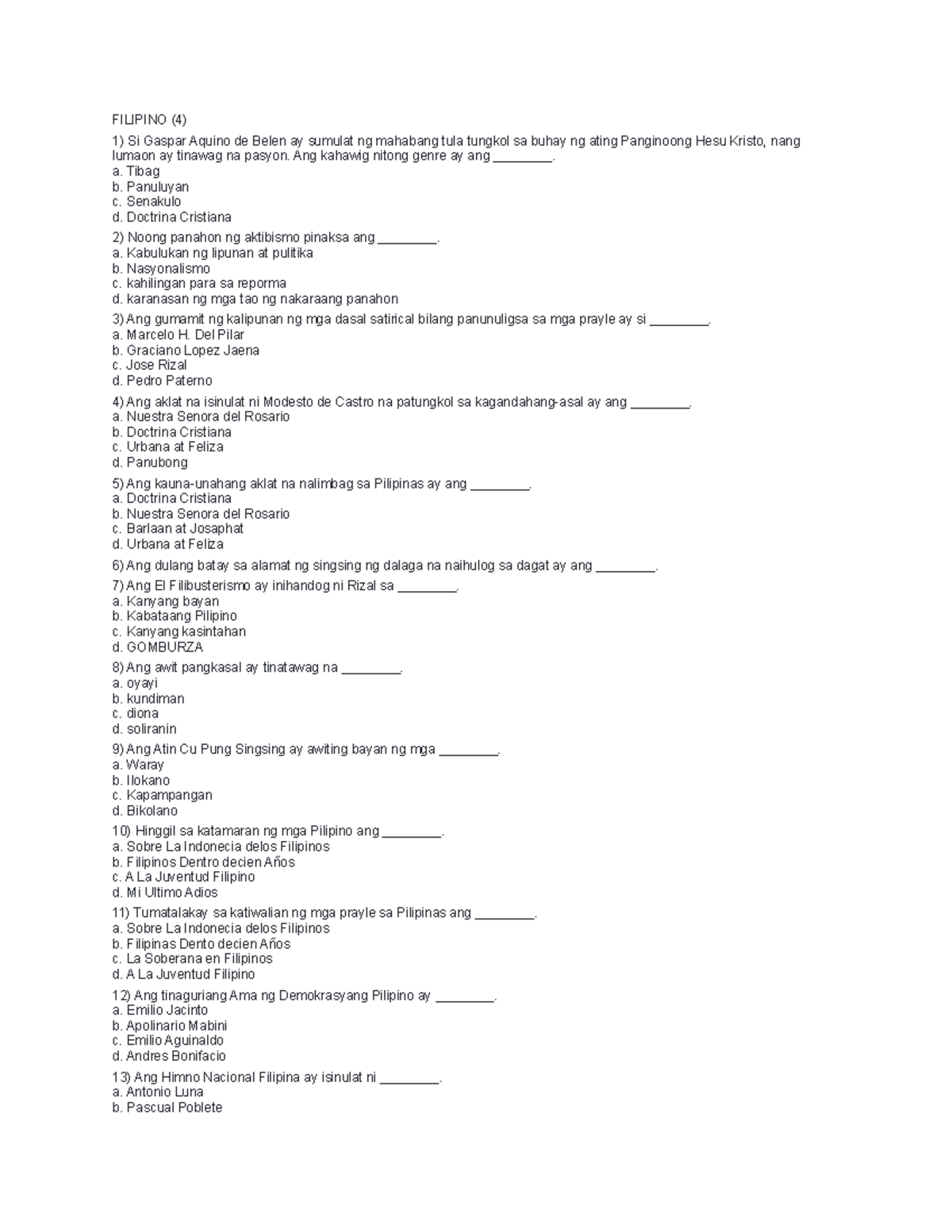 Gen Ed Filipino - reviewer - FILIPINO (4) Si Gaspar Aquino de Belen ay ...