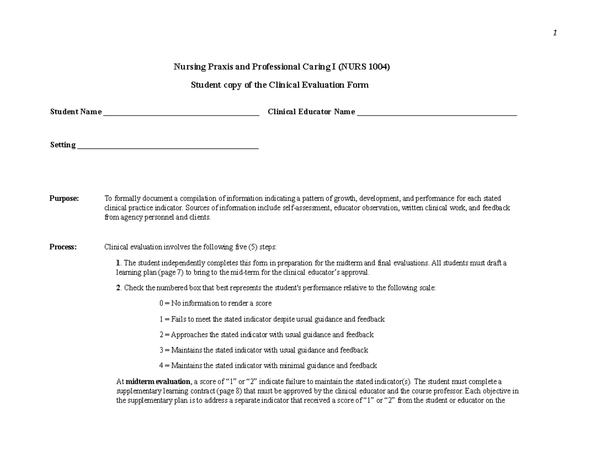 Year I NURS 1004 Student Copy of Evaluation Form - Nursing Praxis and ...