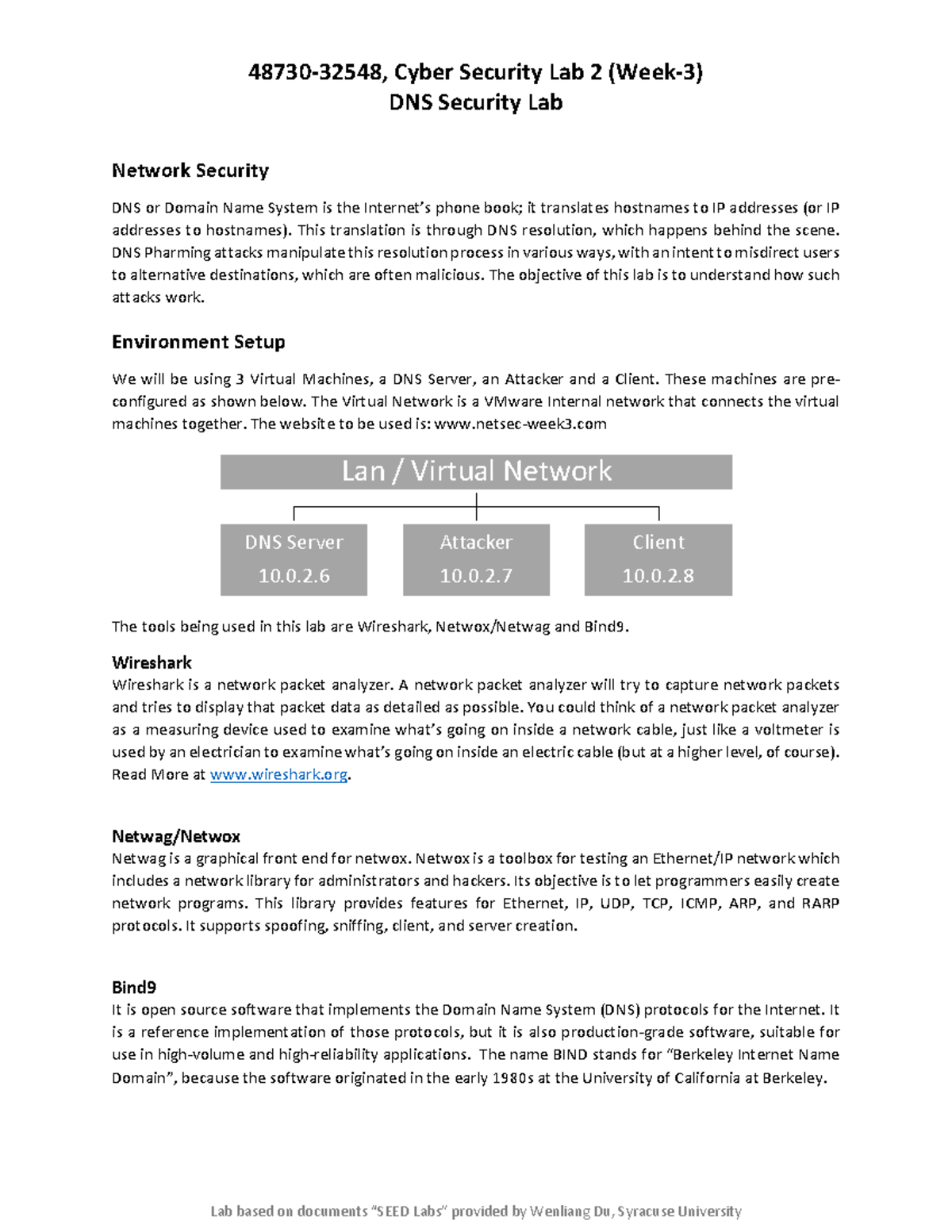 Cybersecurity Lab-2 week 3 - DNS Security Lab Network Security DNS or ...