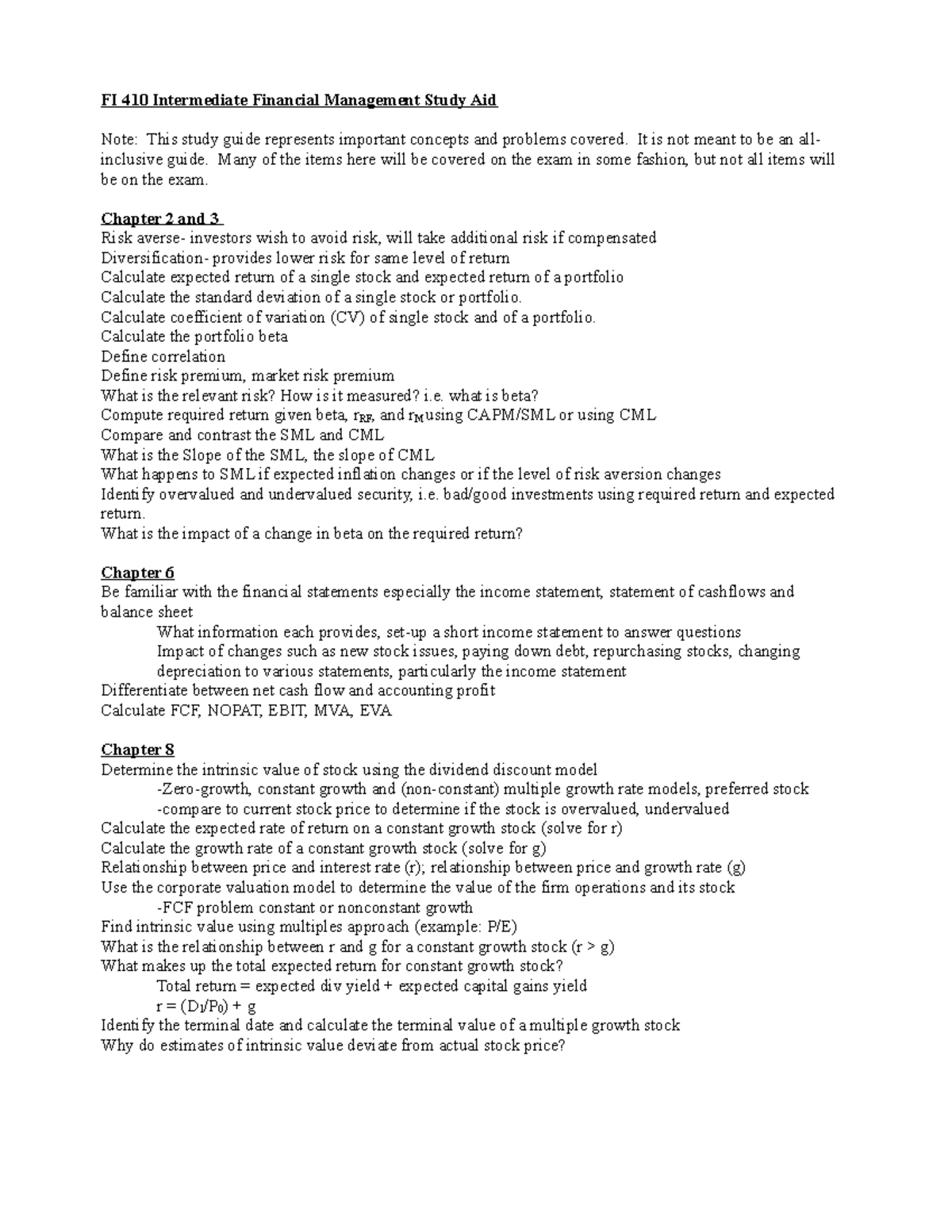 Exam 1 Study Aid Ch 2, 3, 6, 8 Fall 2020 - FI 410 Intermediate ...